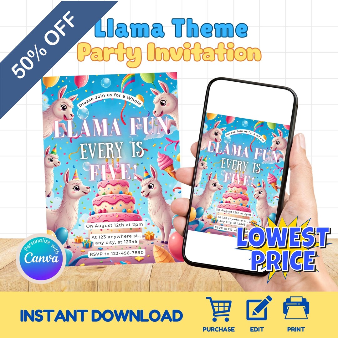 Edit Yourself Llama Party Invitation - Llama Party Invitations - Llama ...