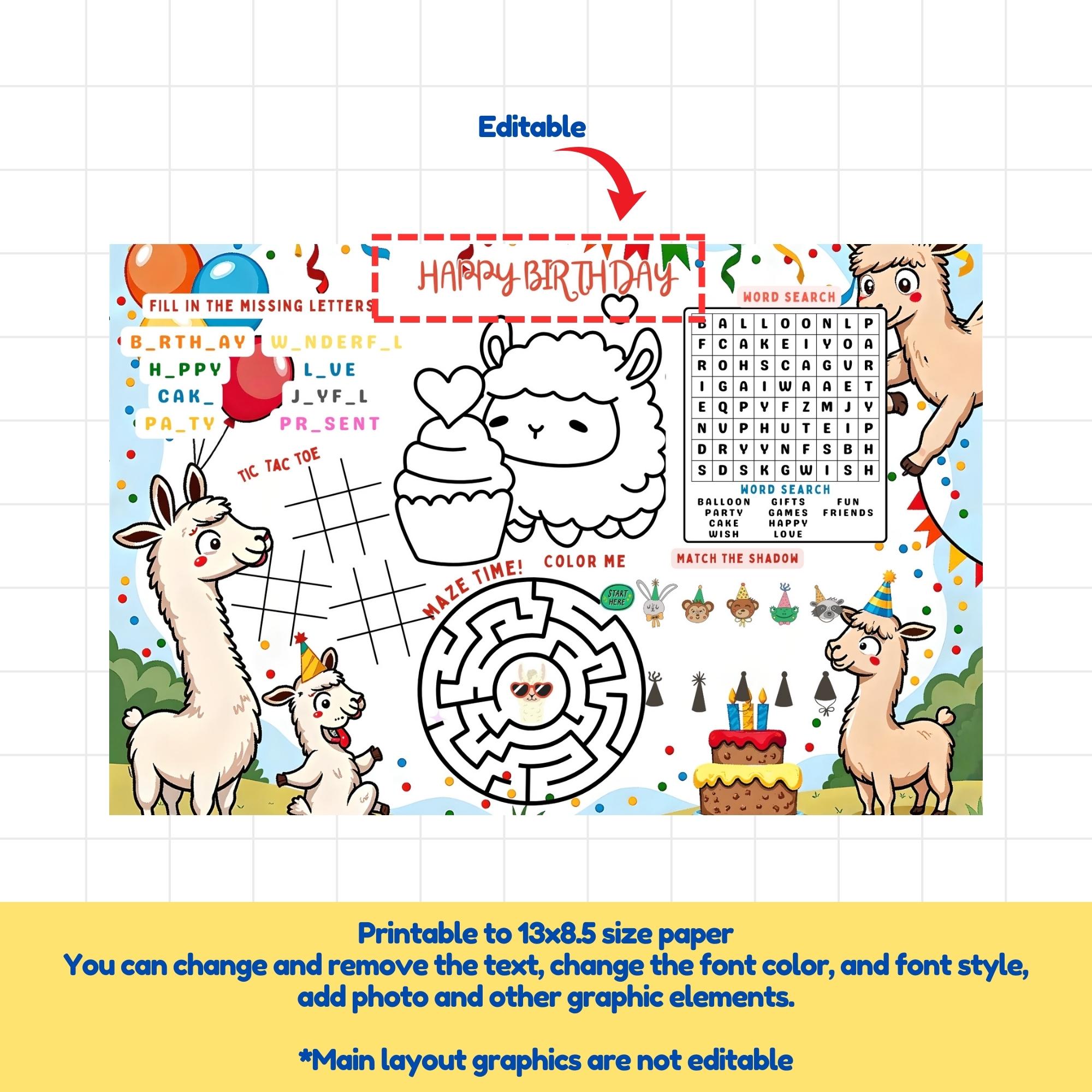 Editable Llama Activity Page, Activity Sheet, Placemat, Birthday Party ...