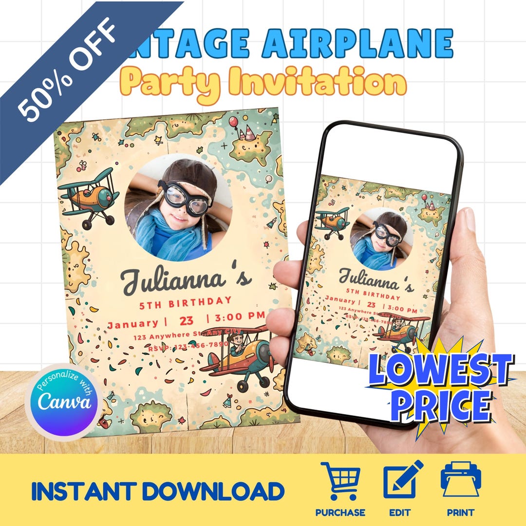 Editable Airplane Birthday Invitation Template, Airplane Invitation ...