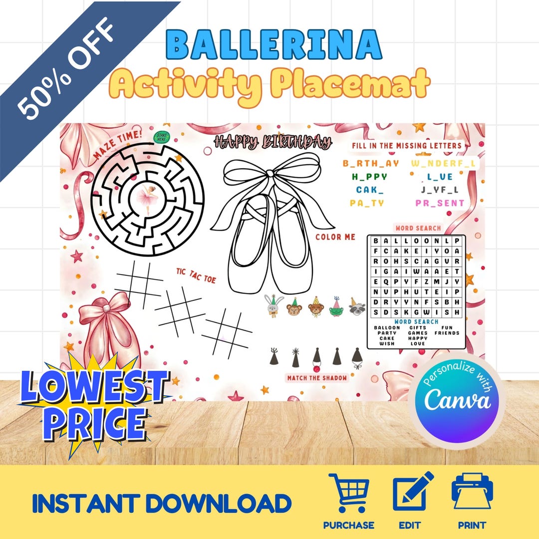 Ballerina Activity Placemat DIGITAL, Ballet Party Activity Tablemat ...