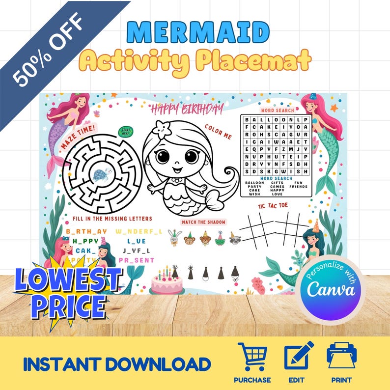 Mermaid Party Activity Placemat, Printable Under the Sea Birthday ...