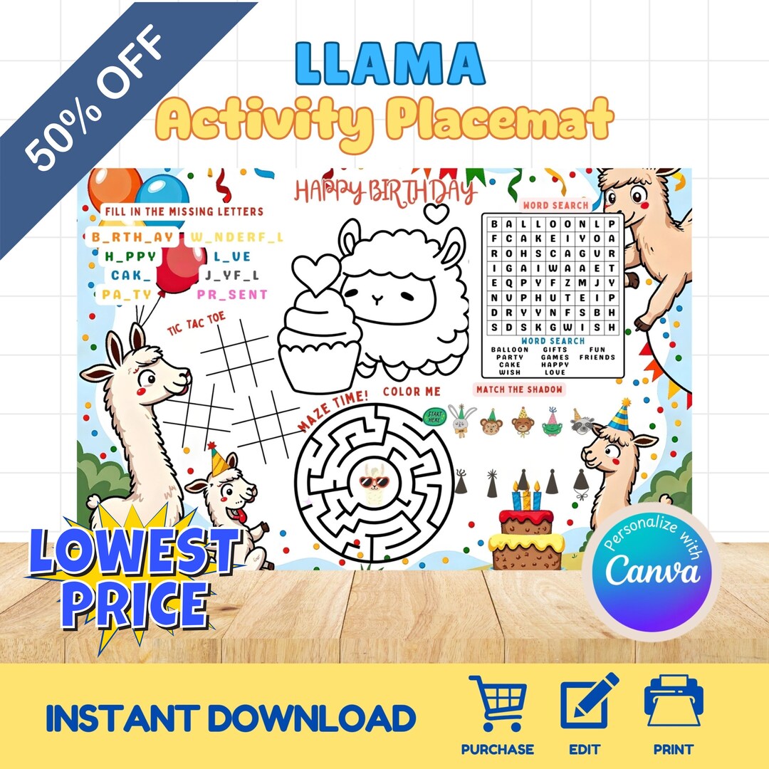Editable Llama Activity Page, Activity Sheet, Placemat, Birthday Party ...
