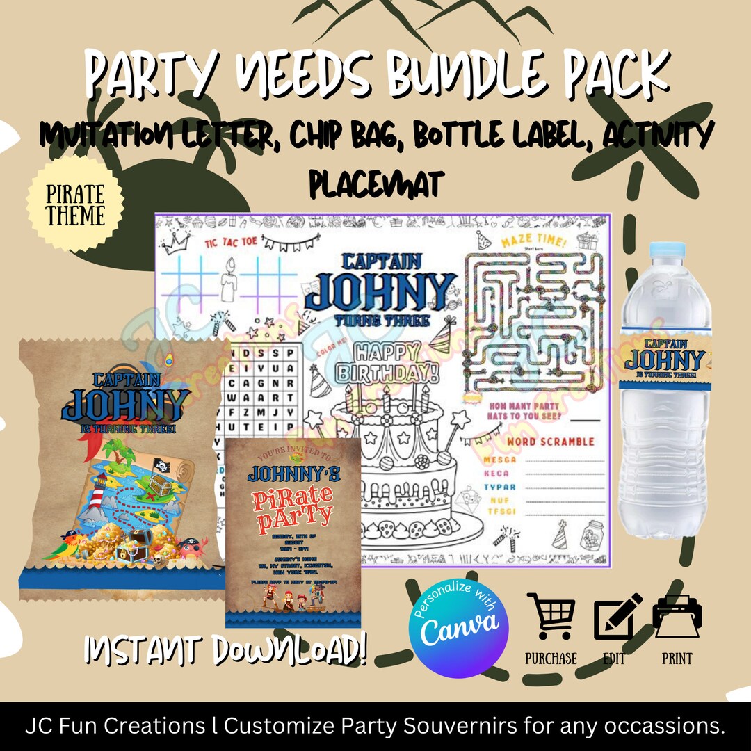 Pirate Theme Birthday Chip Bag L Bottle Label L Activity Placemat L ...