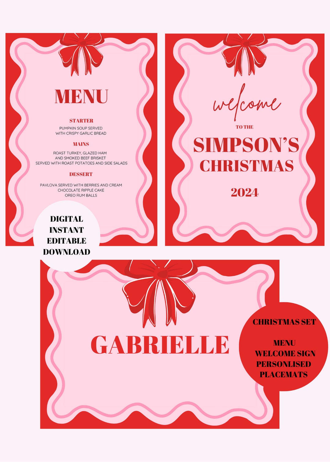CHRISTMAS Digital Download Place Card Placemat Xmas Lunch Menu Dinner ...