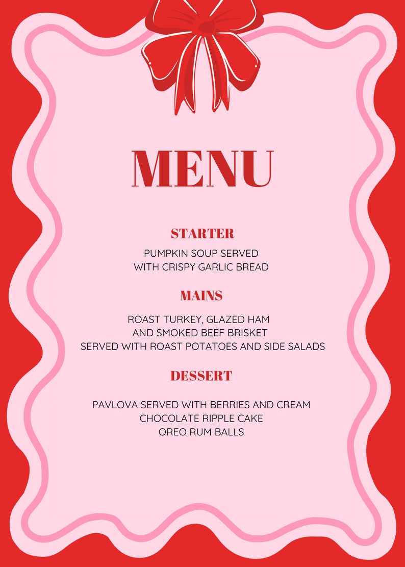 CHRISTMAS Digital Download Place Card Placemat Xmas Lunch Menu Dinner ...