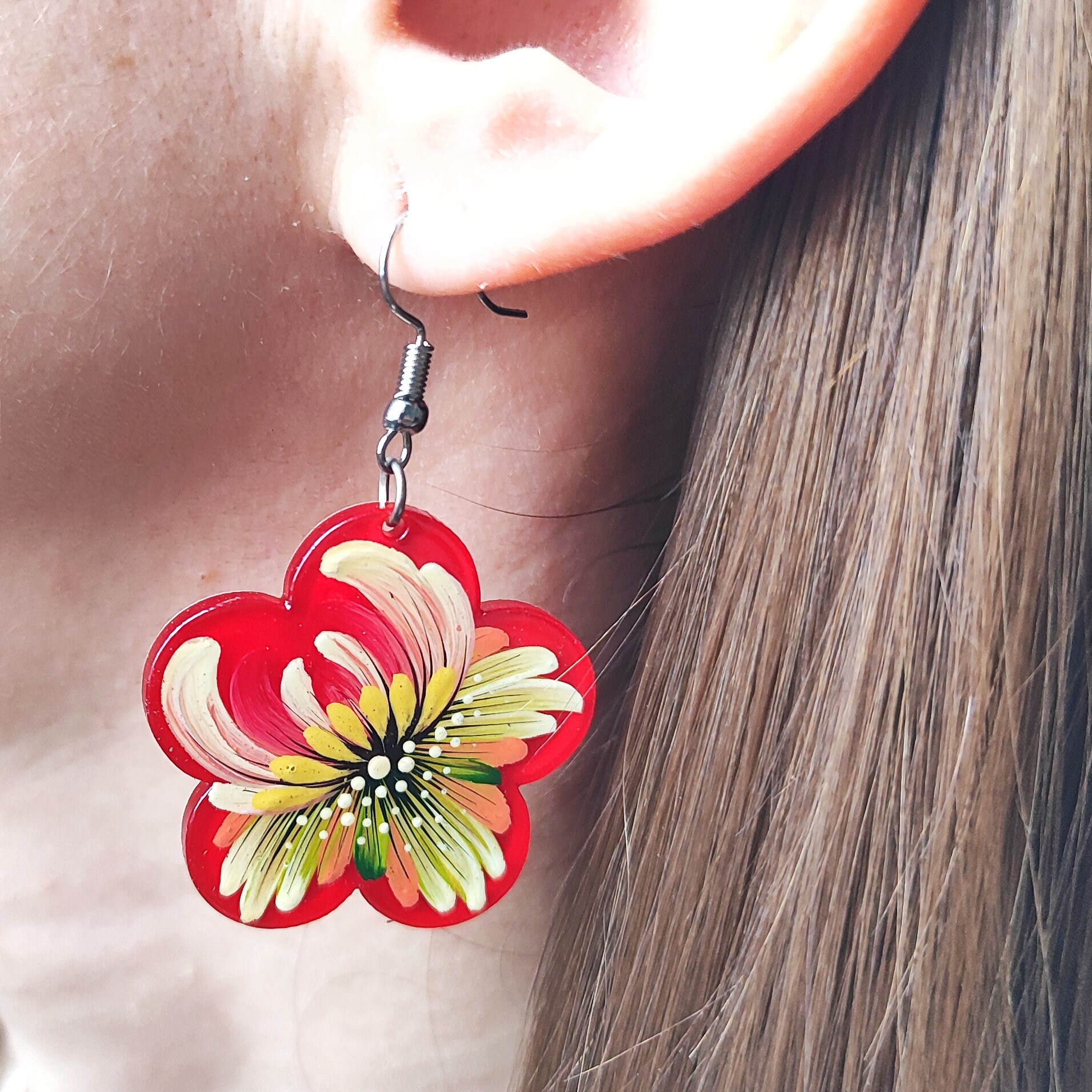 Large Bright Earrings Red Flowers Plastic Шmitation Jewelry Floral ...