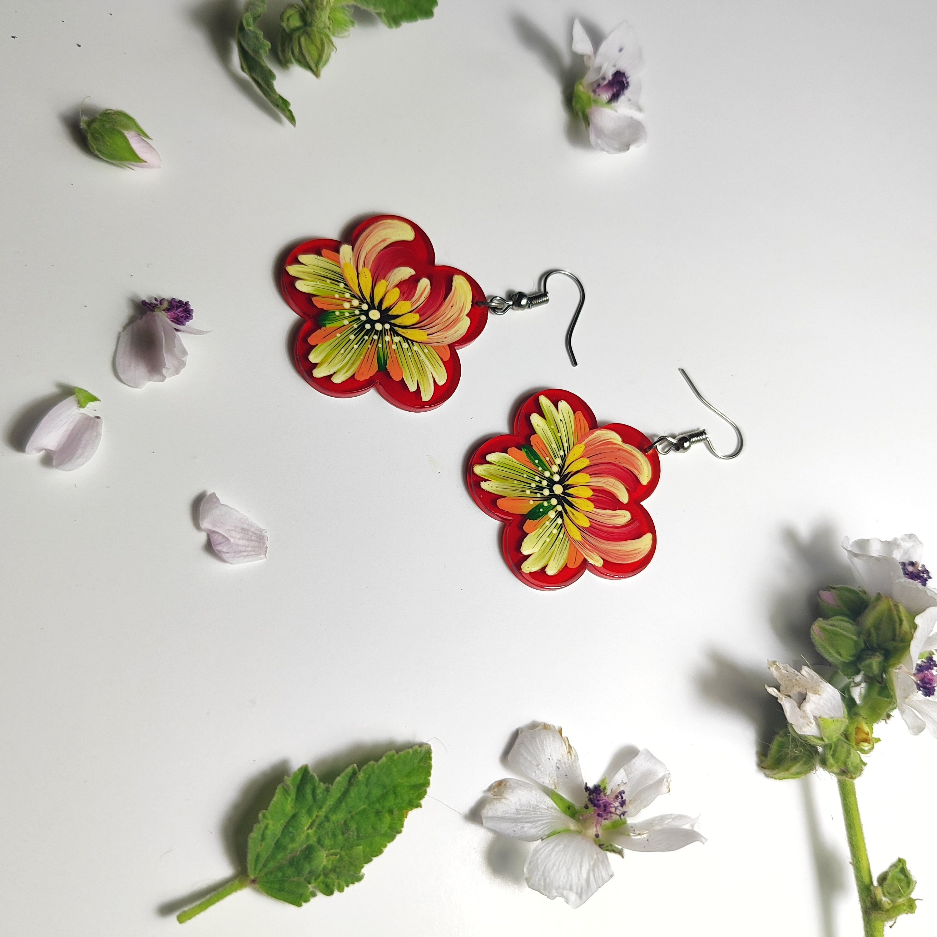 Large Bright Earrings Red Flowers Plastic Шmitation Jewelry Floral ...