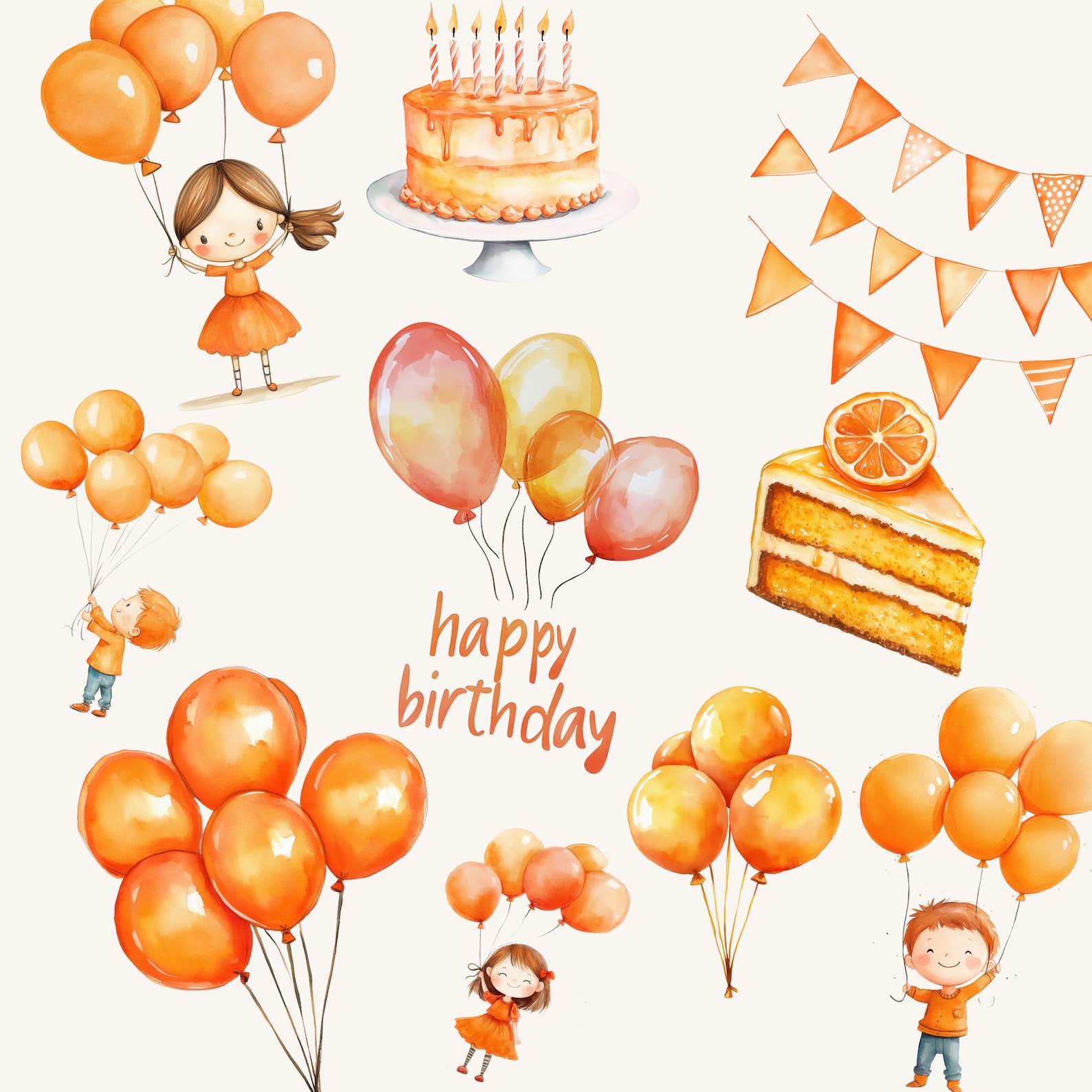 Birthday Water Color Clipart, Orange Birthday Clipart, Birthday Clipart ...