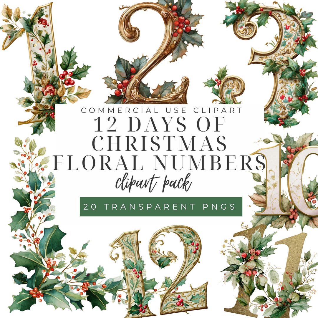 Twelve Days of Christmas Numbers Clipart, Whimsical Holiday PNG ...