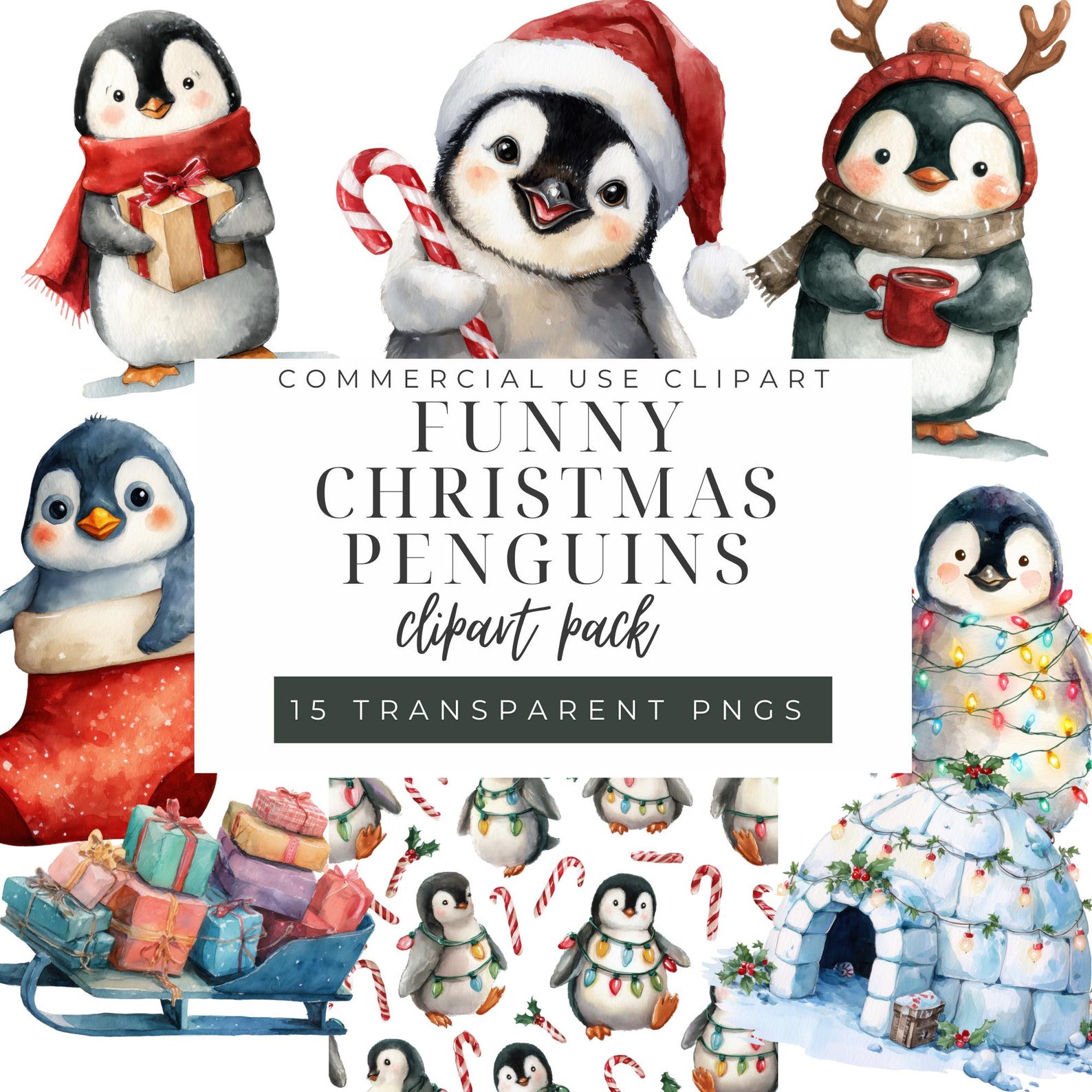 Funny Penguin Christmas Clipart, Whimsical Holiday Graphics, Cute ...