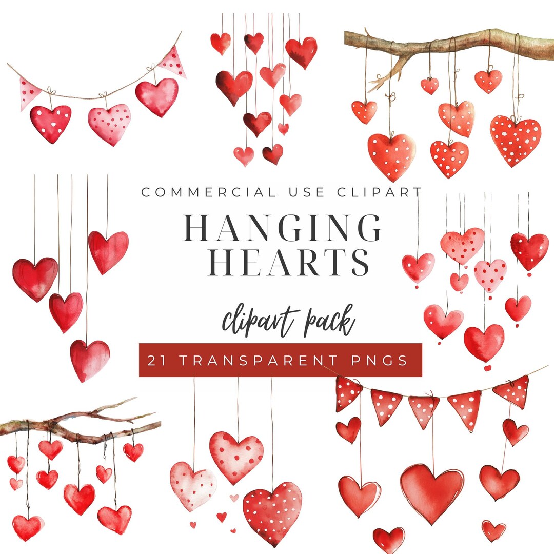 Hanging Hearts Clipart - Watercolor Hearts PNG - Valentine’s Day Decor ...