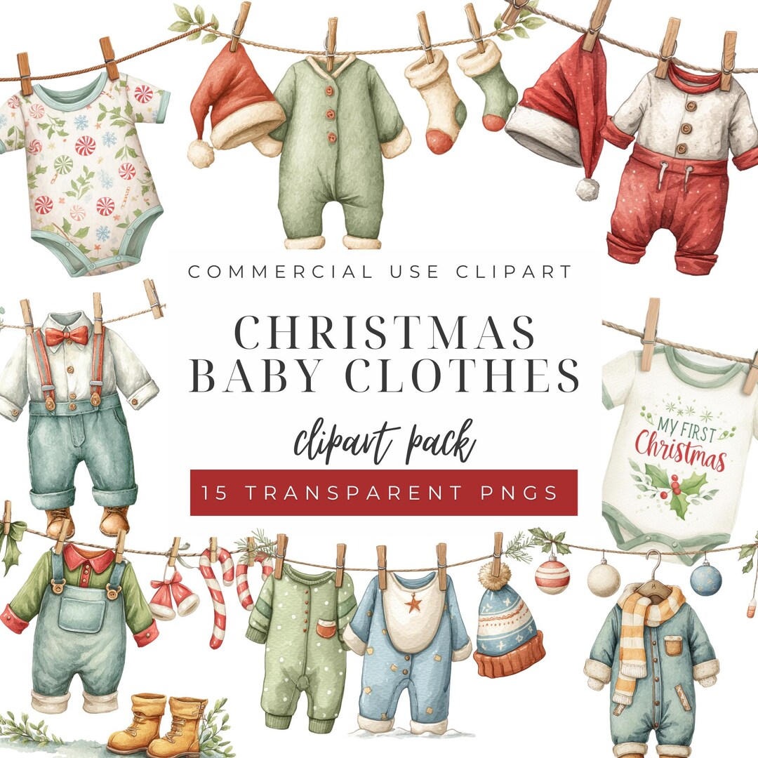 Christmas Clothesline Clipart, Watercolor Baby Outfits PNG, My First ...