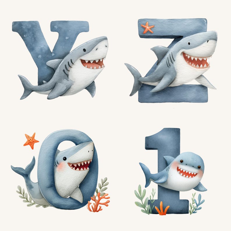 Shark Alphabet Clipart, Fun Shark Letters for Kids, Digital Download ...