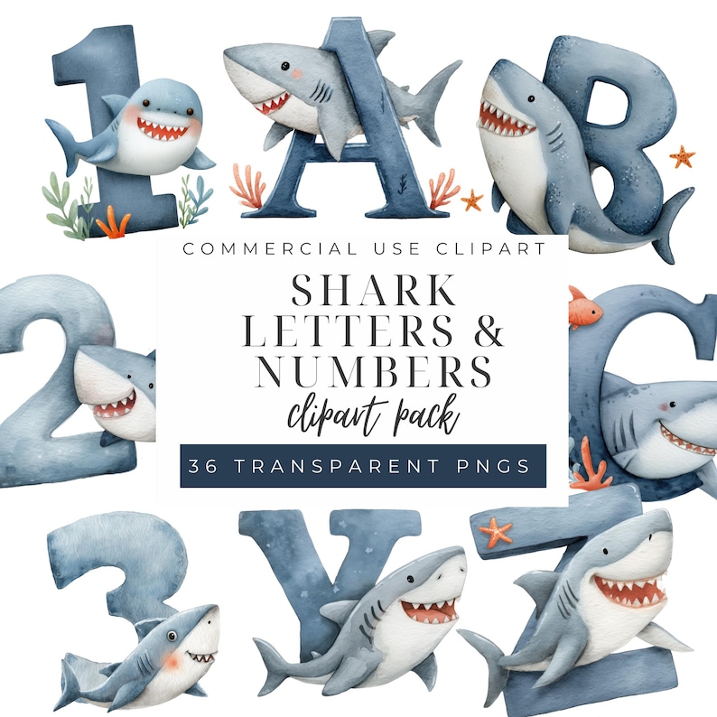 Shark Alphabet Clipart, Fun Shark Letters for Kids, Digital Download ...
