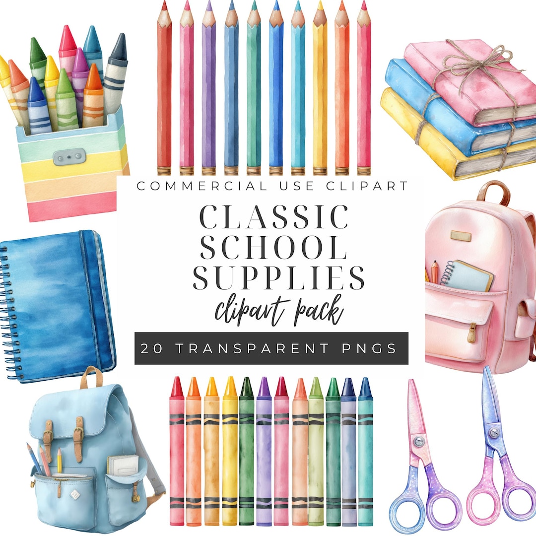 School Supplies Clipart PNG, Watercolor School Clipart, Classic Back to ...