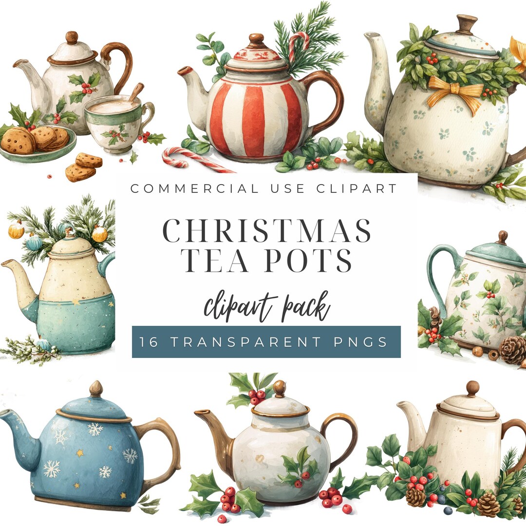 Christmas Teapot Clipart, Watercolor PNG, Digital Download, Festive Tea ...