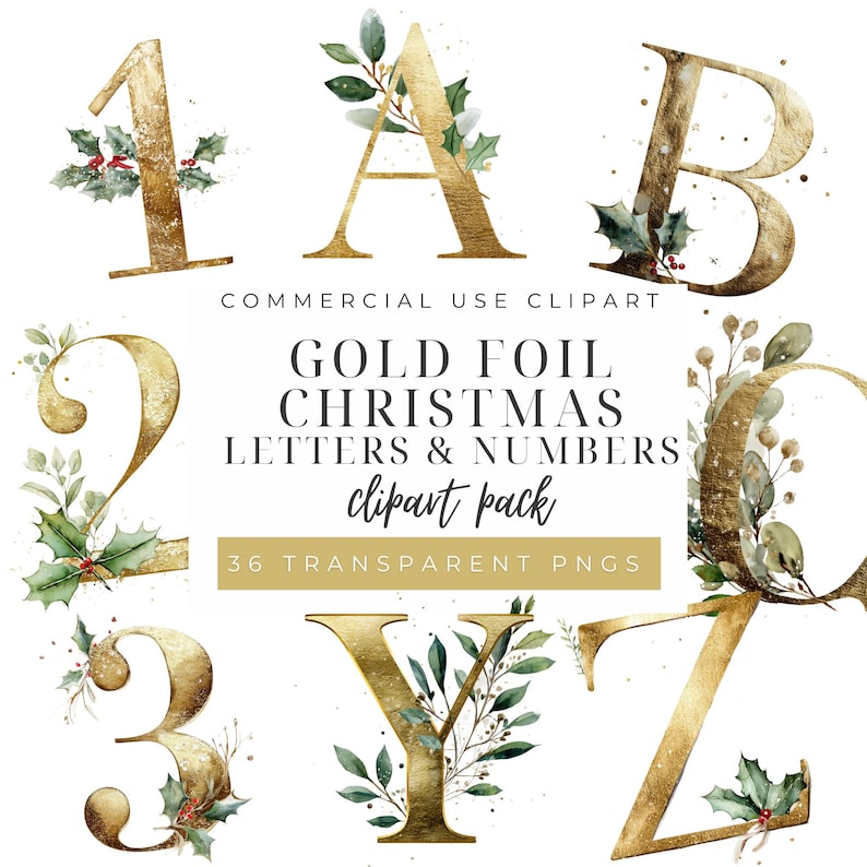 Christmas Alphabet Clipart, Gold Letters PNG, Digital Download ...