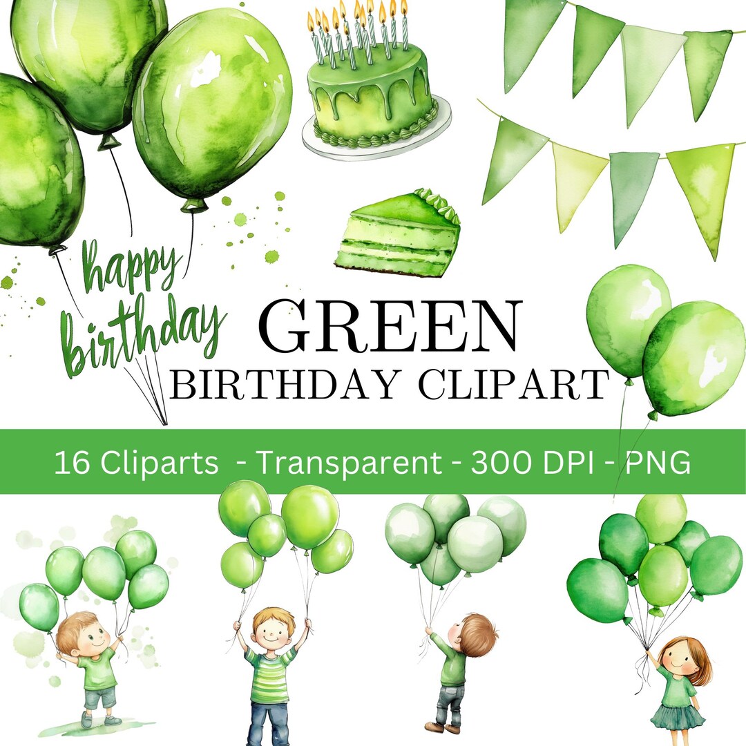 Birthday Water Color Clipart, Green Birthday Clipart, Birthday Clipart ...