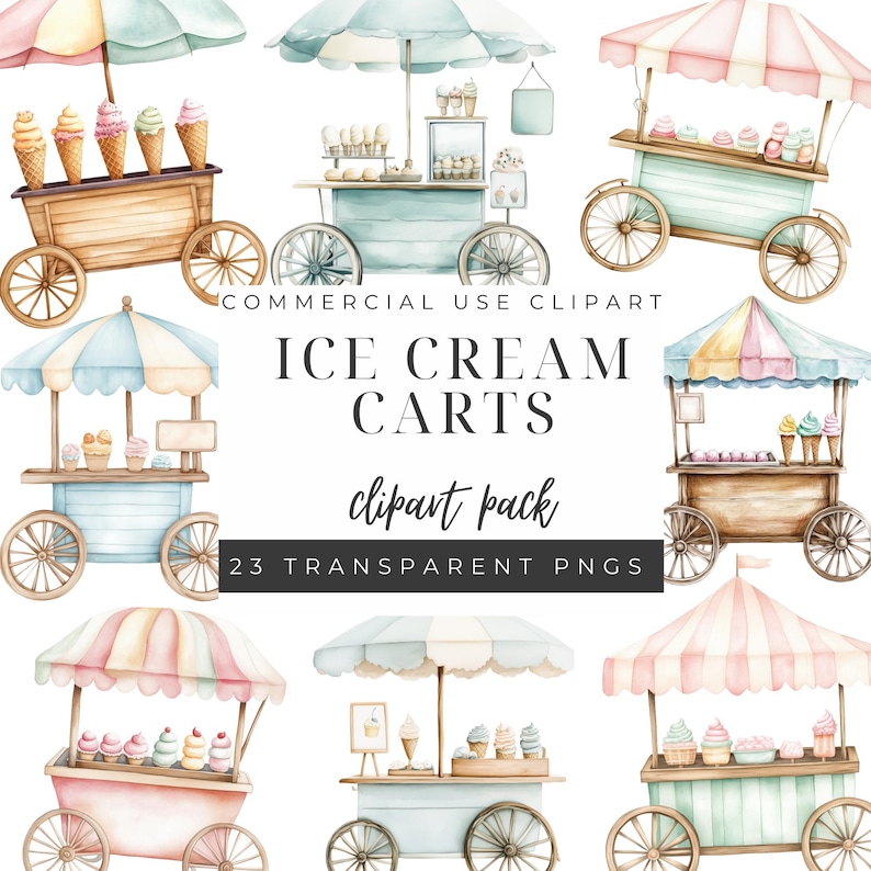 Ice Cream Cart Clipart, Whimsical Watercolor PNG, Summer Treats ...