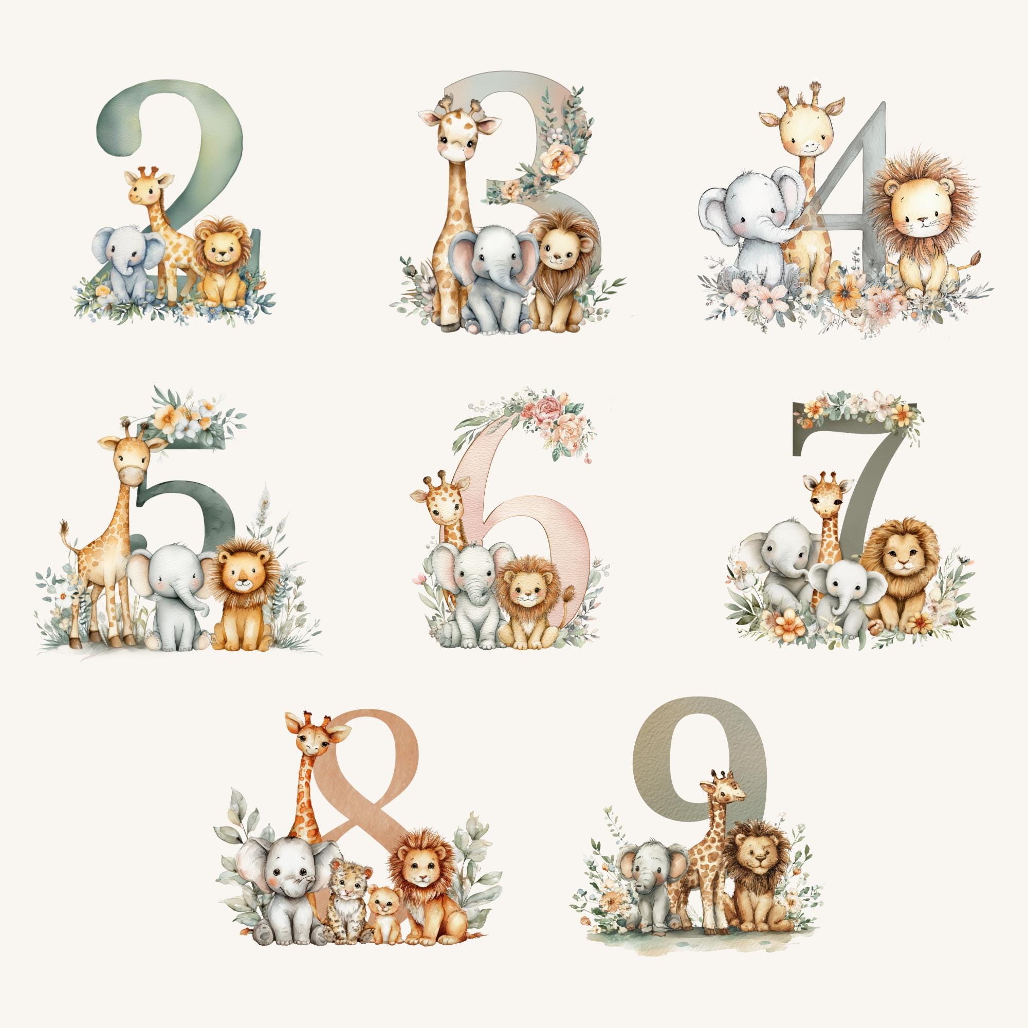 Animal Watercolor Clipart, Cute Numbers and Letters, Digital Download ...