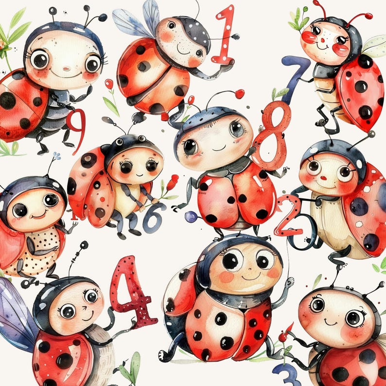 Cute Watercolor Ladybug Clipart With Numbers 1-10, Great for Birthday ...