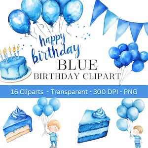Birthday Water Color Clipart, Blue Clipart, Birthday Clipart Simple ...