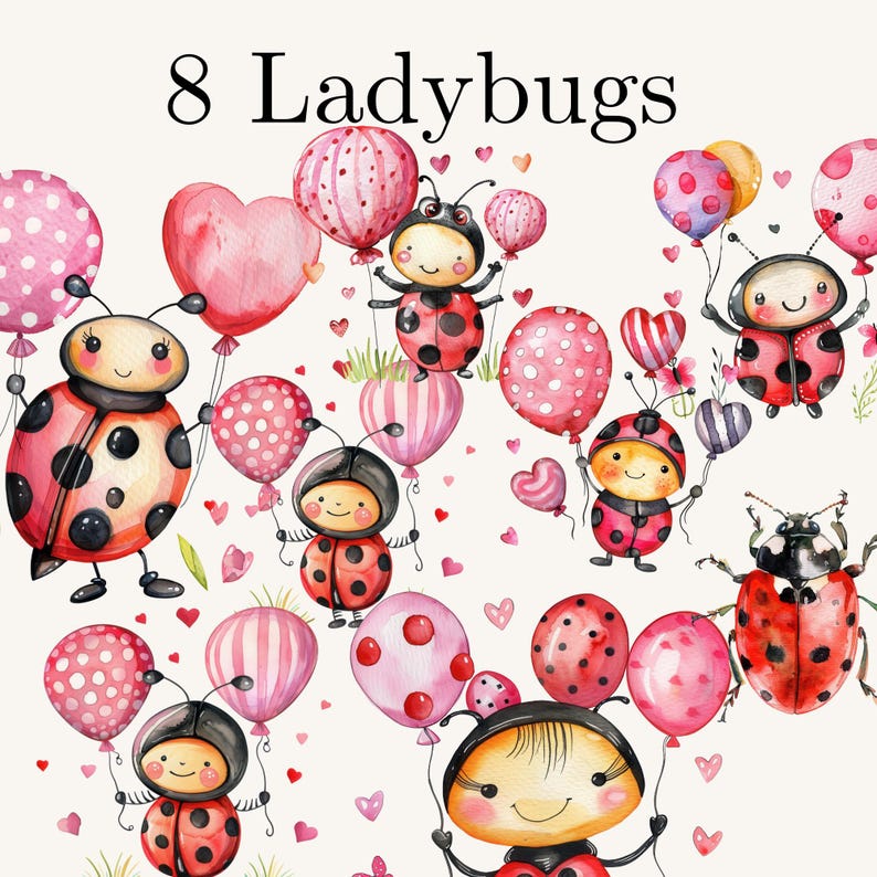 Cute Watercolor Ladybug and Hearts With Bumble Bees Birthday PNG ...