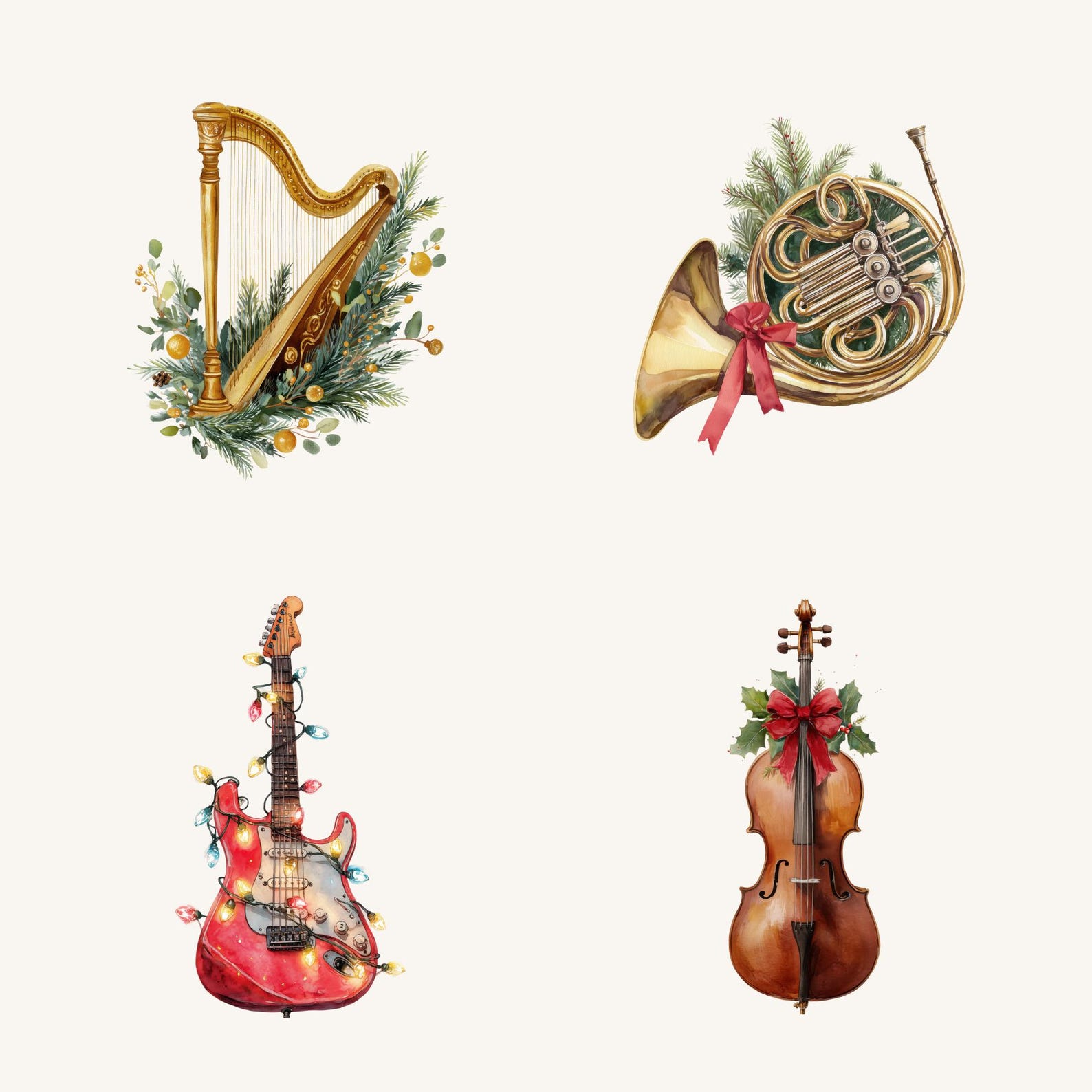Musical Instrument Christmas Clipart, Digital PNG Bundle, Festive Art ...