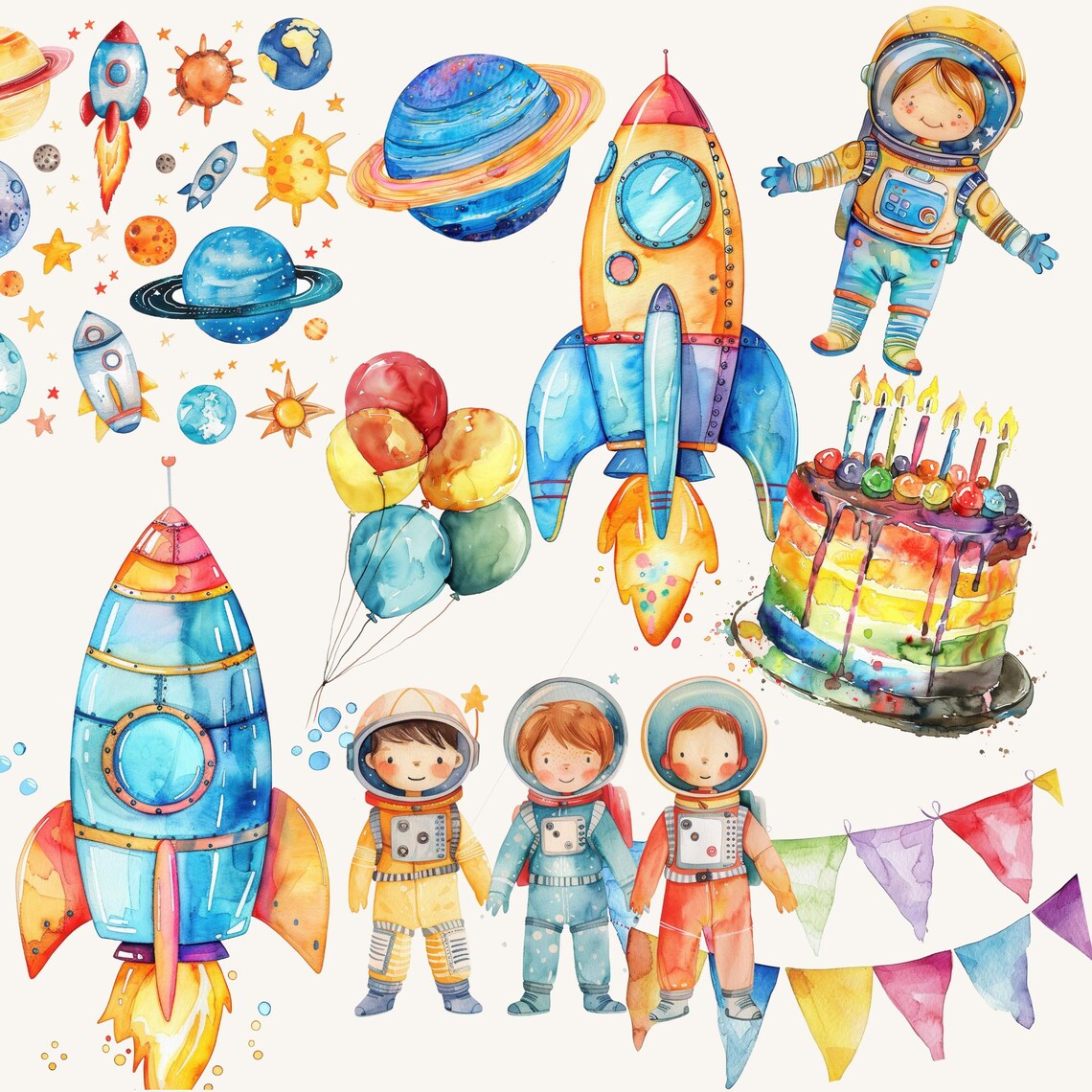 Watercolor Space Clipart for Kids Birthday, Astronaut Watercolor ...