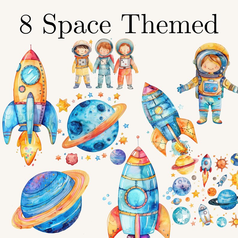 Watercolor Space Clipart for Kids Birthday, Astronaut Watercolor ...