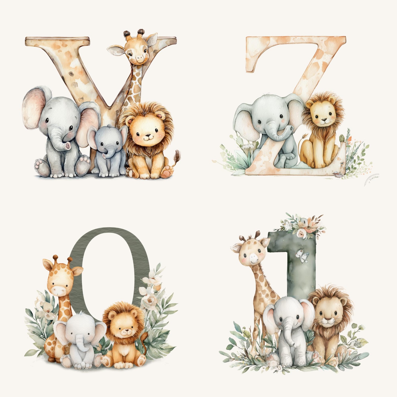 Safari Animal Alphabet Clipart, Watercolor ABC Letters and Numbers PNG ...