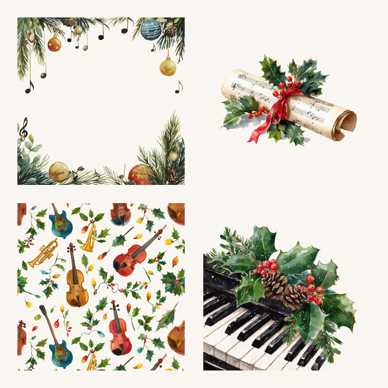 Musical Instrument Christmas Clipart, Digital PNG Bundle, Festive Art ...