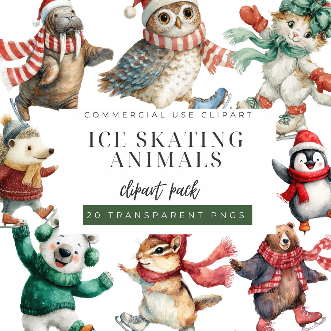 Cute Christmas Animals Clipart, Ice Skating Animals, Winter Art for ...