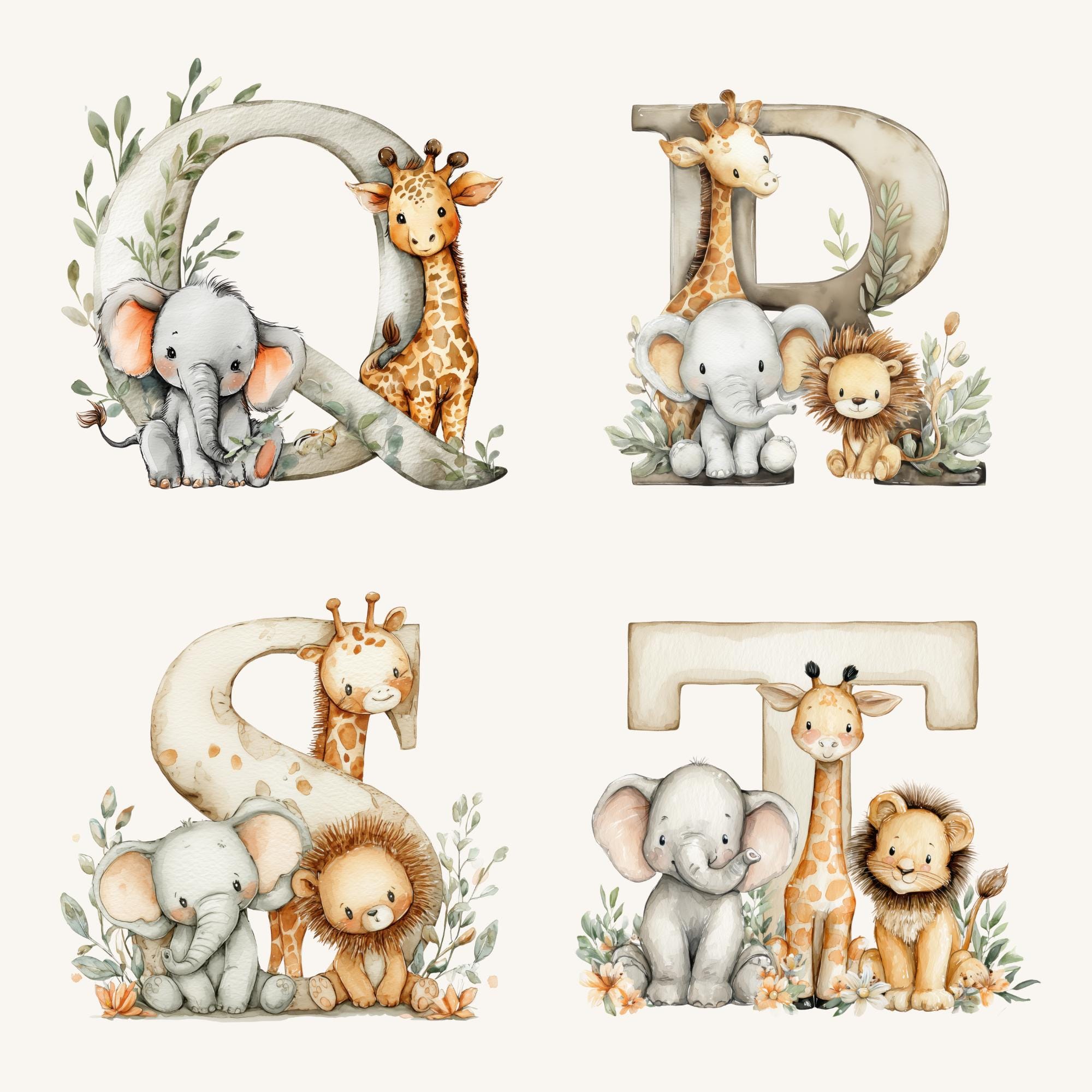 Animal Watercolor Clipart, Cute Numbers and Letters, Digital Download ...