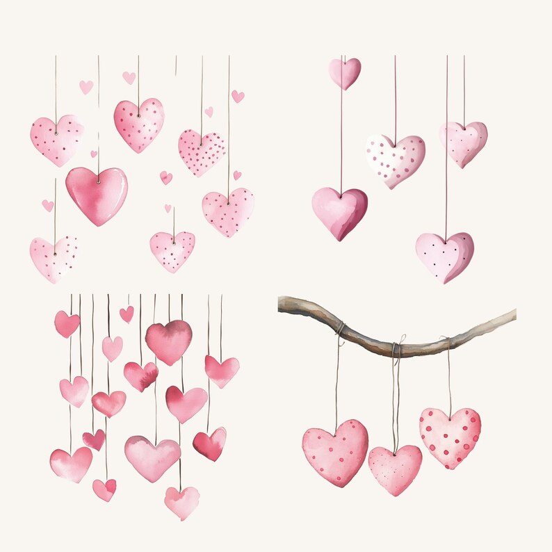 Hanging Hearts Clipart - Watercolor Hearts PNG - Valentine’s Day Decor ...