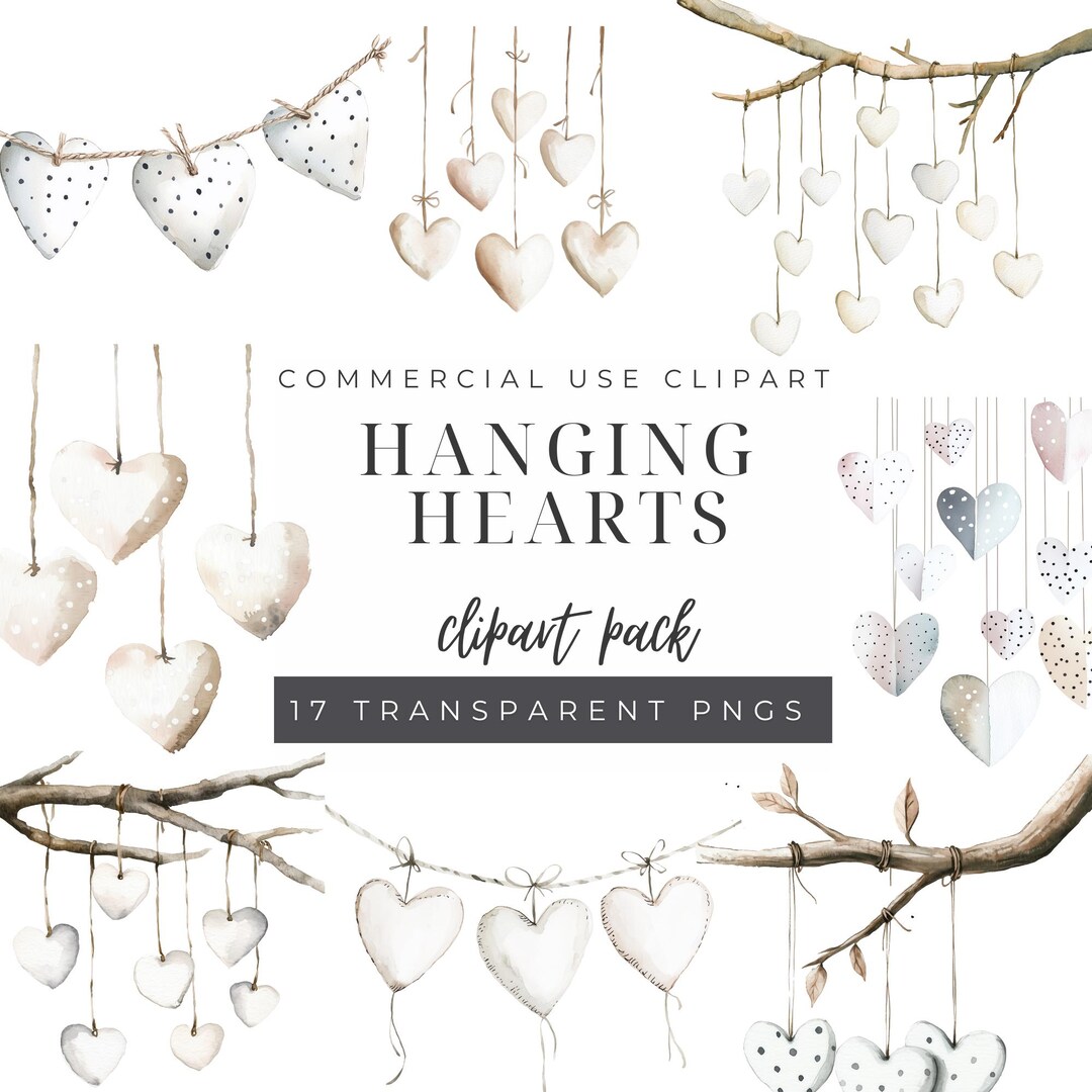 Hanging Hearts Clipart - Watercolor Hearts PNG - Valentine’s Day Decor ...
