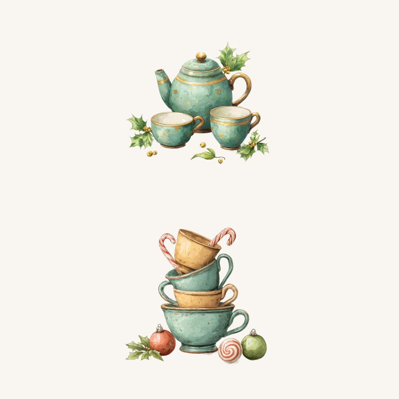 Christmas Tea Cups Clipart, Watercolor PNG Digital Download, Cozy ...