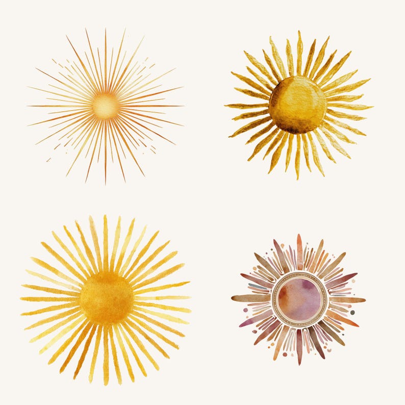 Watercolor Sunburst Clipart, Bright Summer Graphics for DIY Projects ...