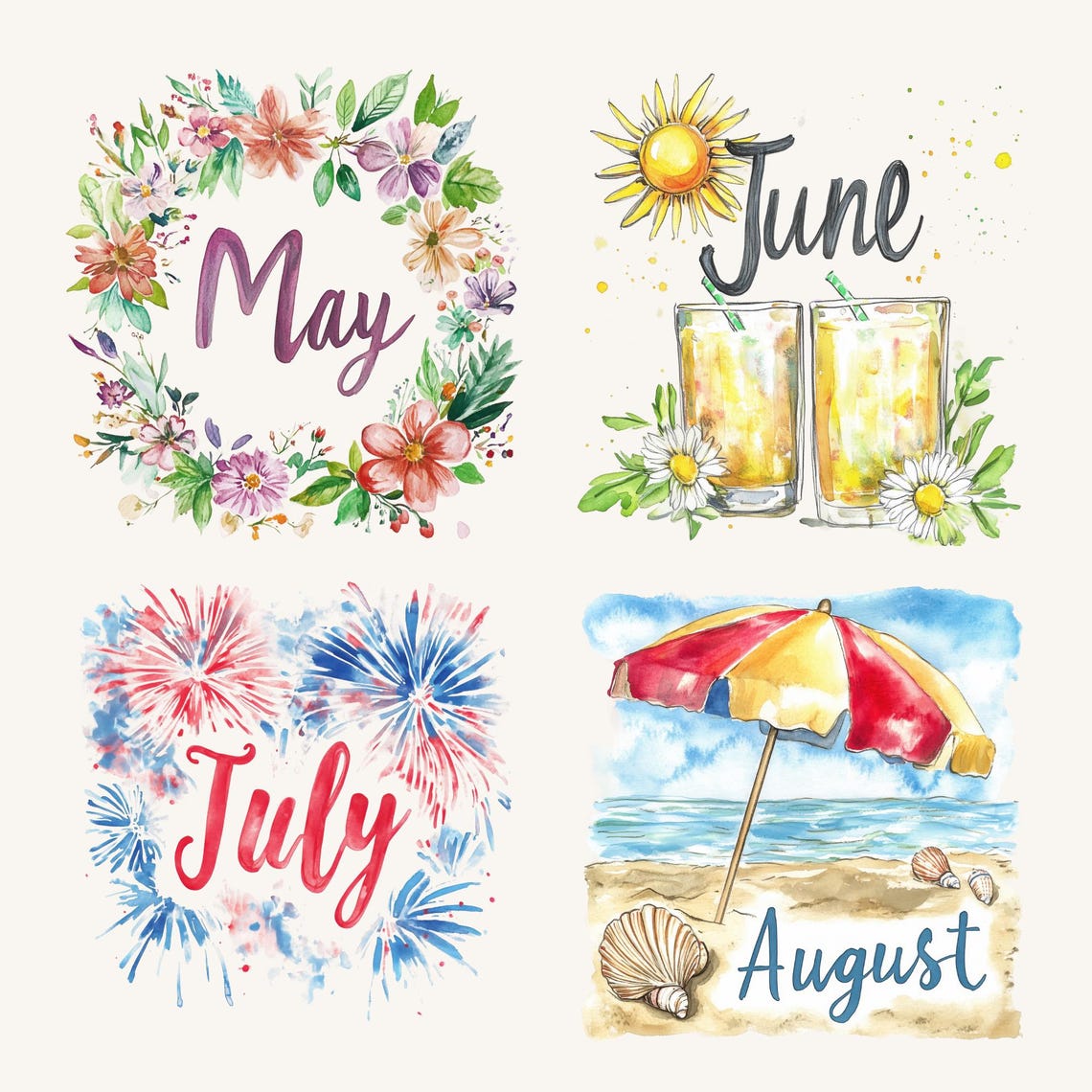 Watercolor Clipart for Months of the Year, Digital PNG Bundle for ...