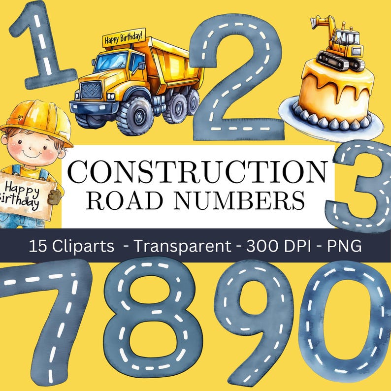 Construction Vehicles Graphics for Birthday, Numbers Clipart, Cute ...