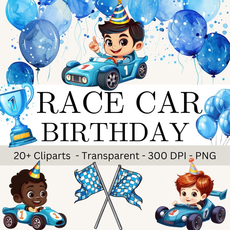 Racecar Birthday Boy Clipart, Little Boy 3 Skin Tones, Racing Cars ...