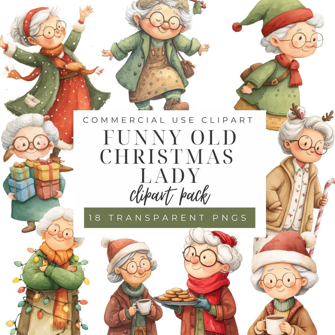 Funny Old Lady Christmas Clipart, Whimsical PNG Download for Crafts ...