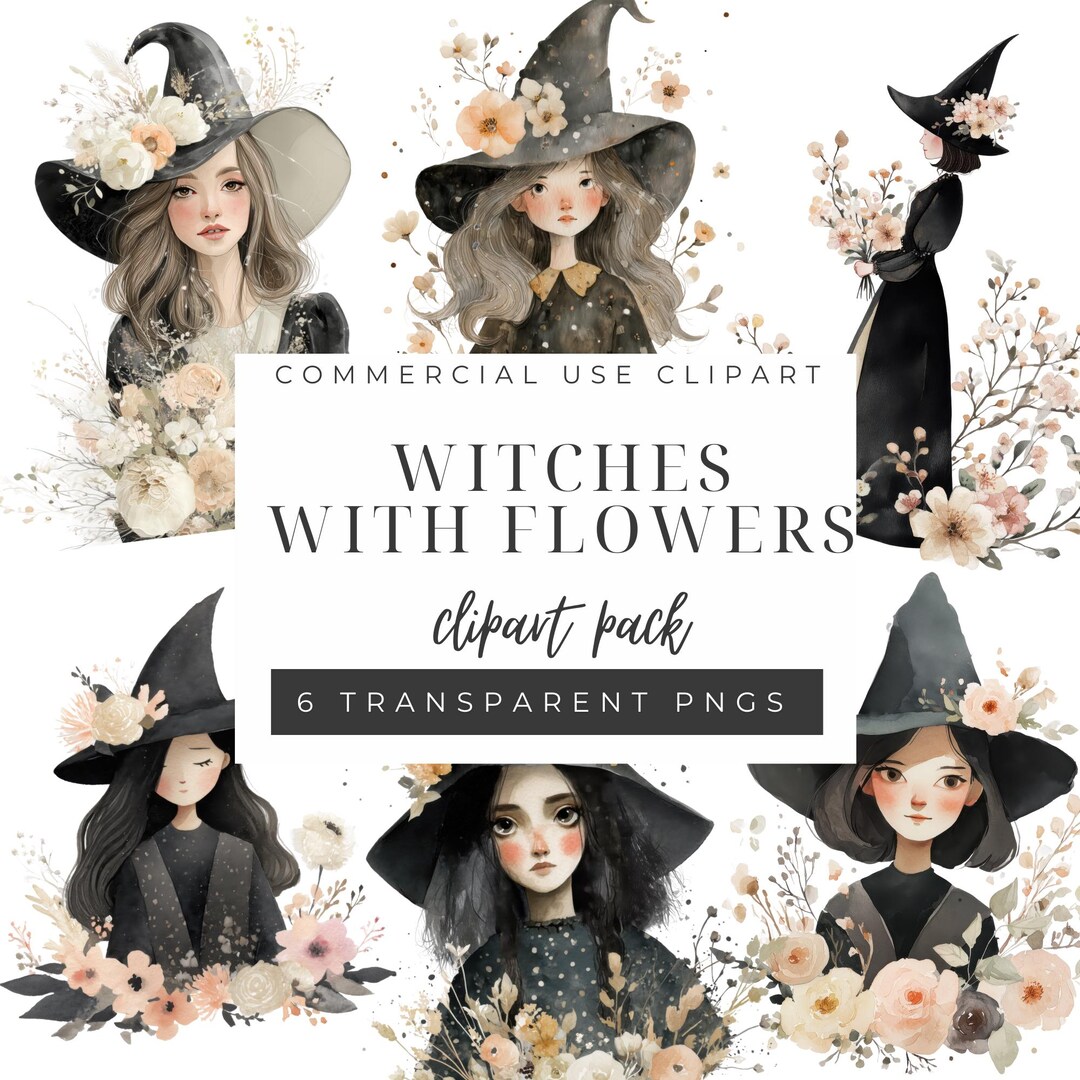 Witch Clipart Bundle, Watercolor Halloween Art, Cute Witch PNG, Digital ...