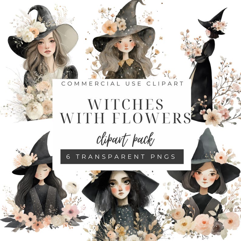 Witch Clipart Bundle, Watercolor Halloween Art, Cute Witch PNG, Digital ...