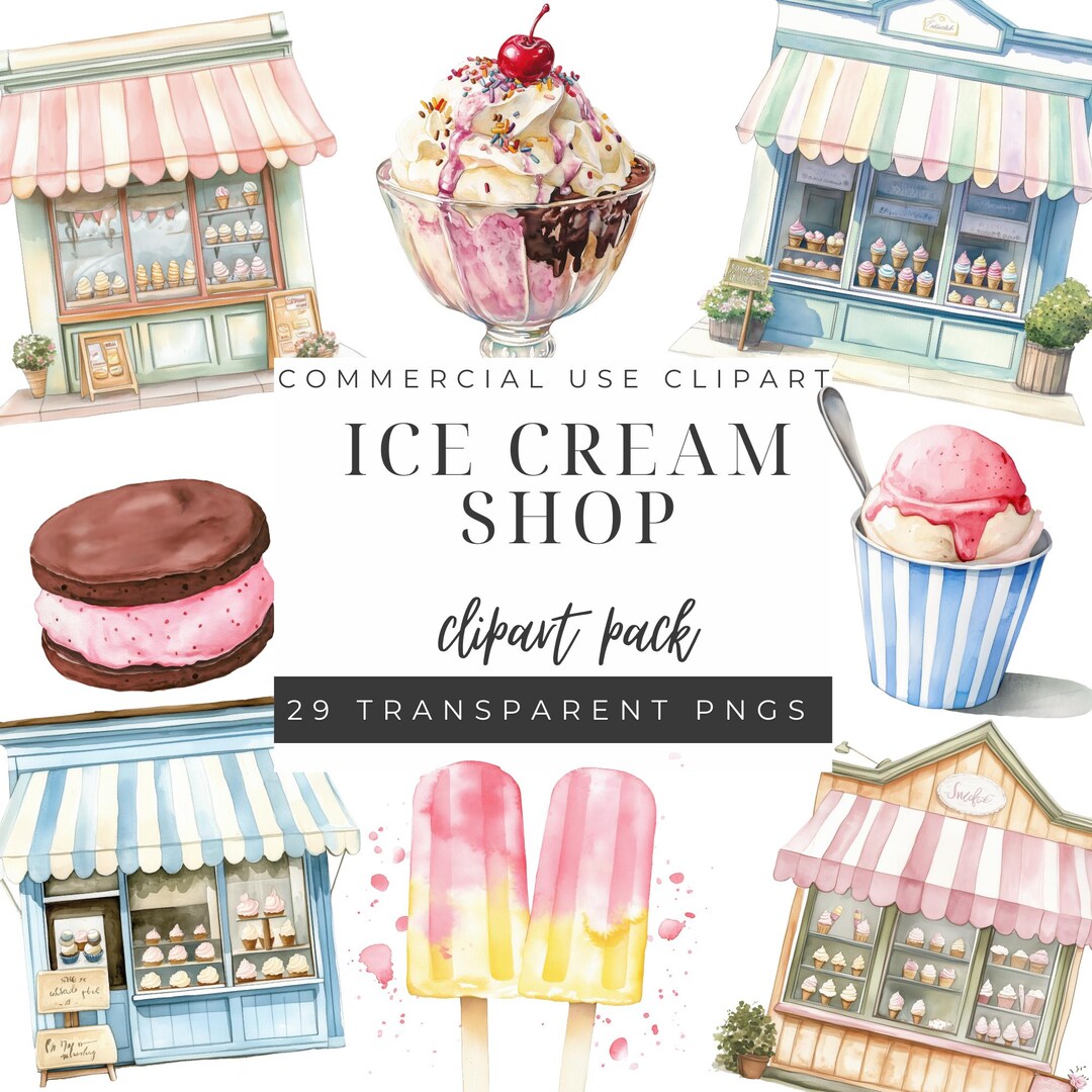 Ice Cream Shop Clipart, Cute Watercolor Digital Download, Commercial ...