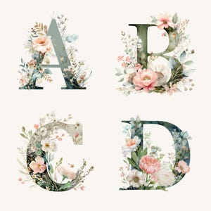 Floral Alphabet Clipart PNG, Watercolor Letters and Numbers, Botanical ...