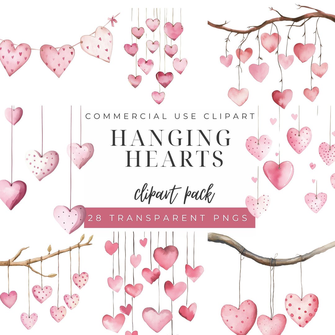 Hanging Hearts Clipart - Watercolor Hearts PNG - Valentine’s Day Decor ...