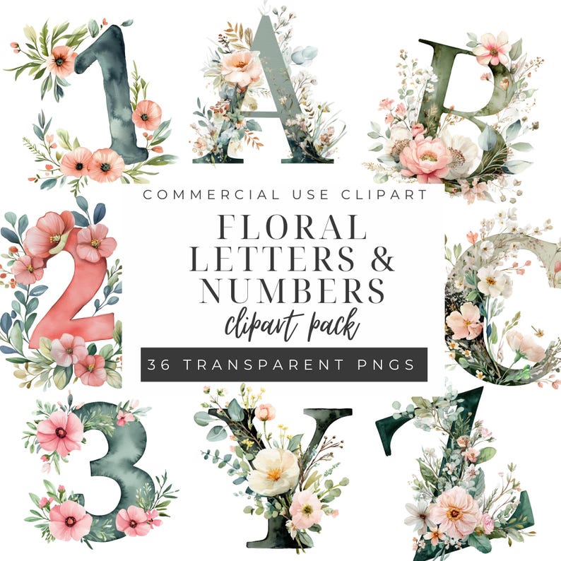 Floral Alphabet Clipart PNG, Watercolor Letters and Numbers, Botanical ...