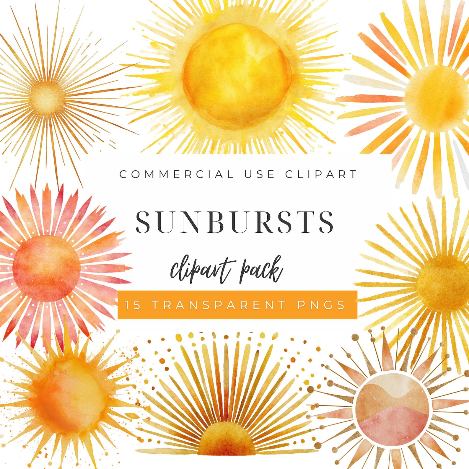 Watercolor Sunburst Clipart, Bright Summer Graphics for DIY Projects ...