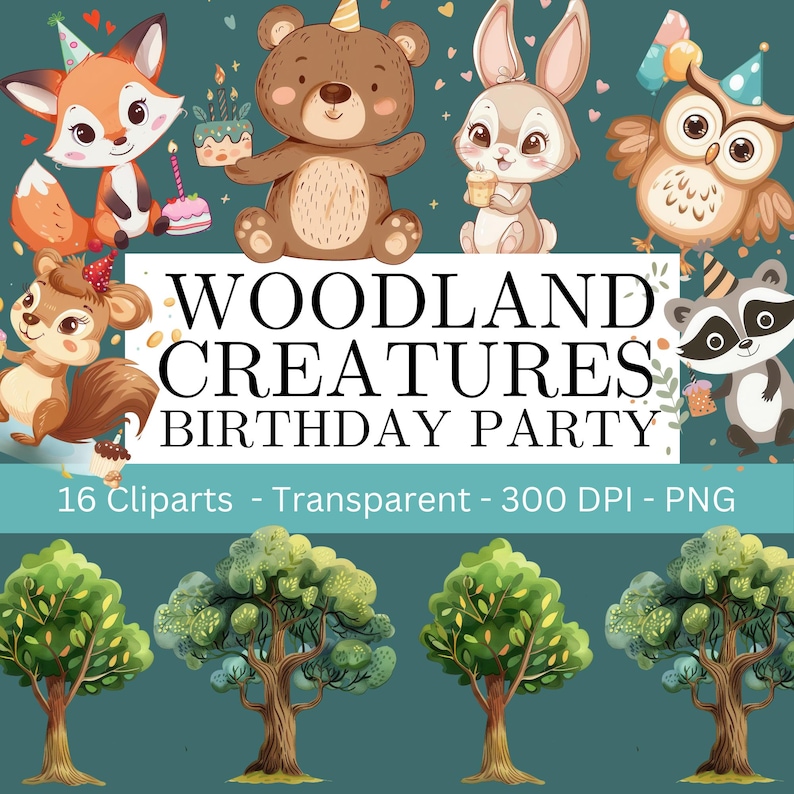 Woodland Creatures Birthday Party Clipart | Cute Animals | Forest ...